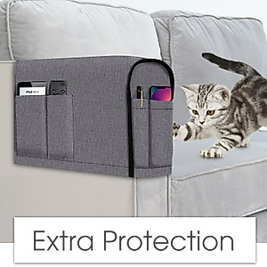 Joywell Recliner Narrow Linen Armrest Covers for Living Room Anti-Slip Sofa Arm Protector for Dogs, Cats, Pets Armchair Slipcover for Couch with 4 Pockets for TV Remote Control, Phone, Set of 2, Gray