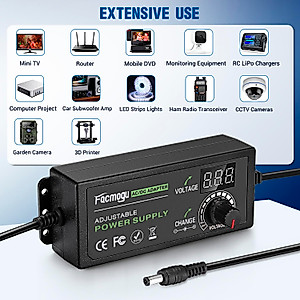 Facmogu 3V-12V 5A 60W Adjustable Power Supply with LED Display, Variable DC 3V 5V 6V 9V 12V Universal AC/DC Adapter, 100V-240V AC to DC 3-12V Switching Power Converter Multi-Voltage Regulated Adaptor