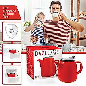 Tealyra - Daze Ceramic Teapot in Red - 27-ounce (2-3 cups) - Small Stylish Ceramic Teapot with Stainless Steel Lid and Extra-Fine Infuser To Brew Loose Leaf Tea