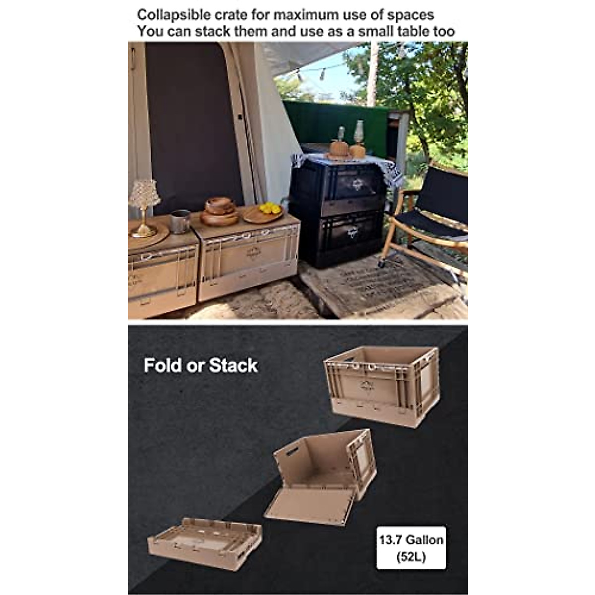 Front Loading Collapsible 13.7 Gallon 52L Storage Crate with a Melamine Lid Foldable Box Colorful Plastic Utility Bin for Home Garage Outdoor (1P)) (Black)