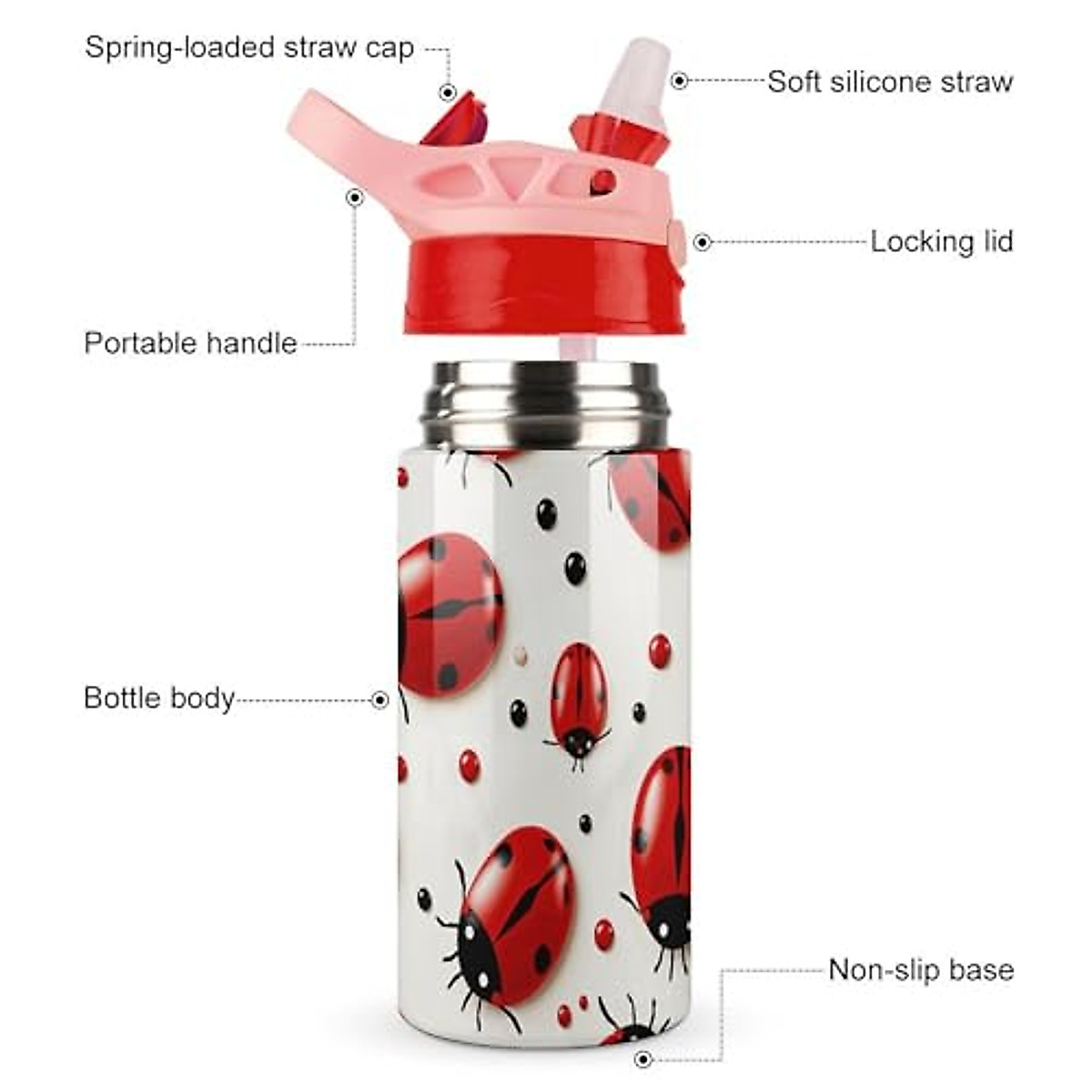 Stainless Steel Water Bottles Red Ladybug Travel Water Cups with Handle And Silicone Straw Drinking Cup with Leak Proof Lid Thermo Travel Mug for Women Men