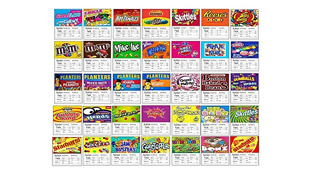 Candy Vending Machine Labels - 24 Pack Vinyl Stickers for Nutrition Info