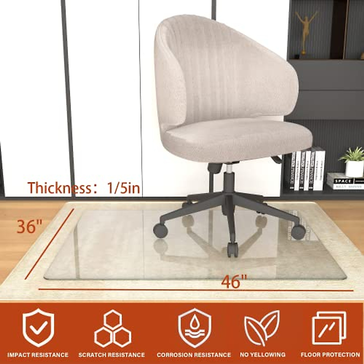 CONGUILIAO Glass Chair Mat, 36" x 46" Tempered Glass Office Chair Mat for Carpeted or Hardwood Floors, Computer Chair Mat Floor Protector Mat, Effortless Rolling, Easy to Clean (Transparent)