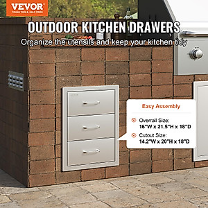VEVOR Outdoor Kitchen Drawers 16" W x 21.5" H x 18" D, Flush Mount Triple Access BBQ Drawers with Stainless Steel Handle, BBQ Island for Outdoor Kitchens or BBQ Island Patio Grill Station