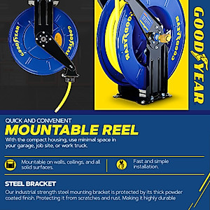 Goodyear Air Hose Reel Retractable 1/2" Inch x 50' Foot Long Premium Commercial Driven Sbr Hose Max 300 Psi Reinforced Steel Construction Heavy Duty Retractable Spring Industrial Dual Arm and Pedestal