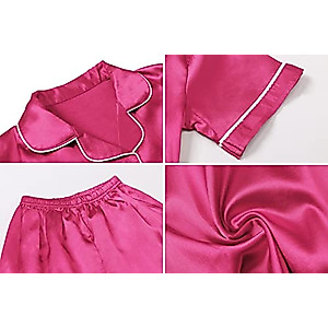 Silk Pajamas Sets for Women, 2 Pcs Sleepwear Silk Button-Down Pj Lounge Set, Hot Pink, US XS