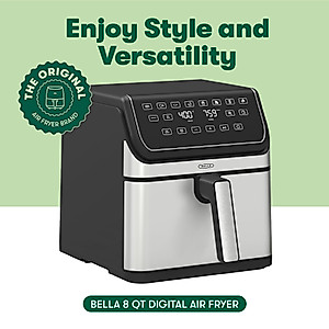bella 8 Qt Digital Air Fryer with TurboCrisp Technology, Large Family Size Nonstick Cooking Basket and Crisping Tray, Multiple Preset Functions, Auto Shutoff, Stainless Steel, 1750 Watt