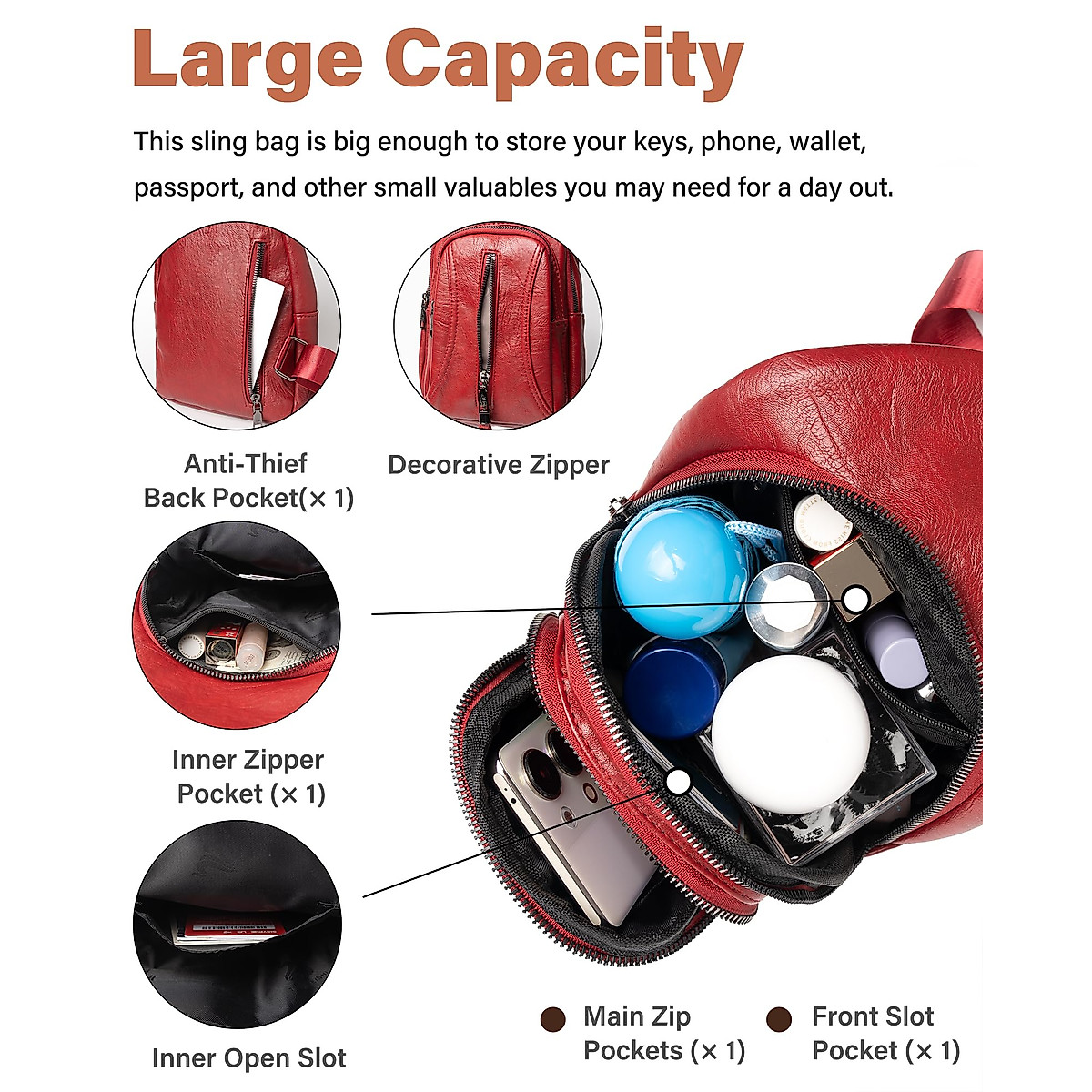 Crossbody Bag for Women - Leather Fanny Pack Sling Fashionable Chest Bag for On-The-Go Travel, Sports, Running, Hiking - Wine Red