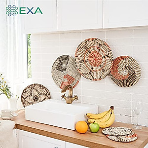 EXA Set of 6 Seagrass Wall Basket Cosmos Decor - Boho Farmhouse Rustic Room Style - for Thanksgiving Christmas Hanging Wall Art, Gift Idea, Table Settings - Handmade, Round, Natural Wicker