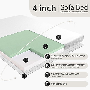 Gelsea 4Inch Memory Foam Sofa Bed Replacement Mattress for Full Size Sleeper Sofa & Couch Beds - Made in USA - Washable Material/Non-Slip Base - Sofa Not Included - 72" L x 53" W x 4" H