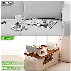 GEHE Acacia Wood Couch Arm Table, Folding Sofa Arm Table with 360 Rotating Phone Bracket, Wooden Couch Arm Tray for Small Spaces, Sofa table for Eating and Drinking, Back Non-slip Pad