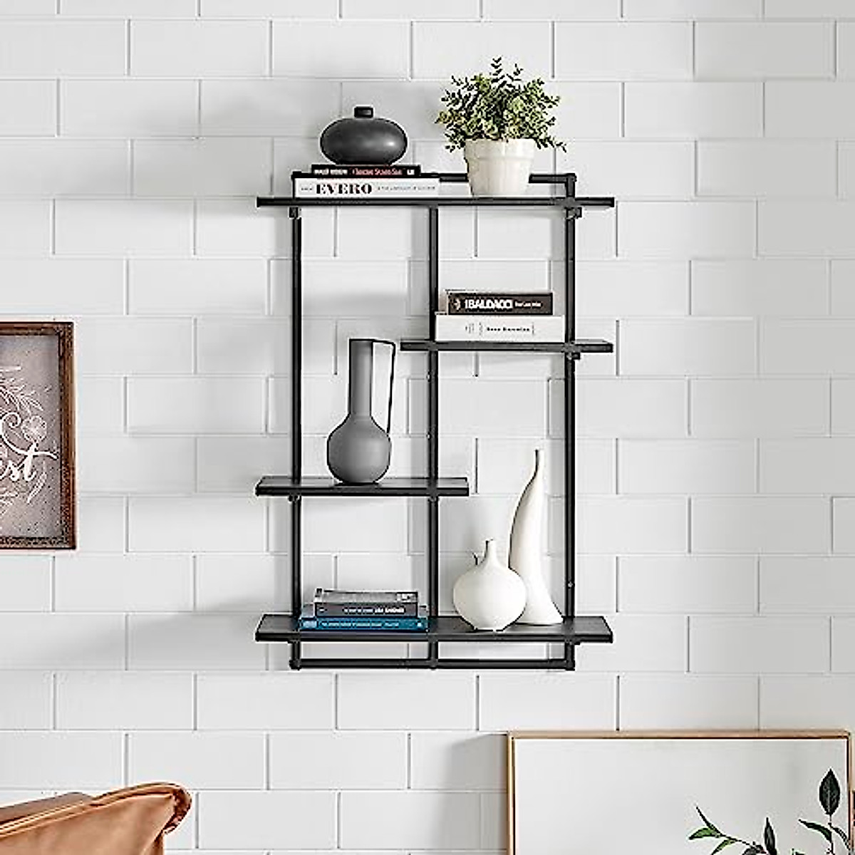 Danya B Rhodes 4 Tier Modern Floating Windowsill Wall Shelf Unit with Metal Frame and MDF Shelves (Black/Black)