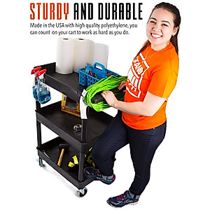 Tubstr Compact 3 Shelf Utility Cart | Heavy Duty Service Cart Supports up to 300 lbs! | Tub Cart with Deep Shelves | Great for Warehouse, Garage, Cleaning & More (3 Shelf/Black / 24 x 18)