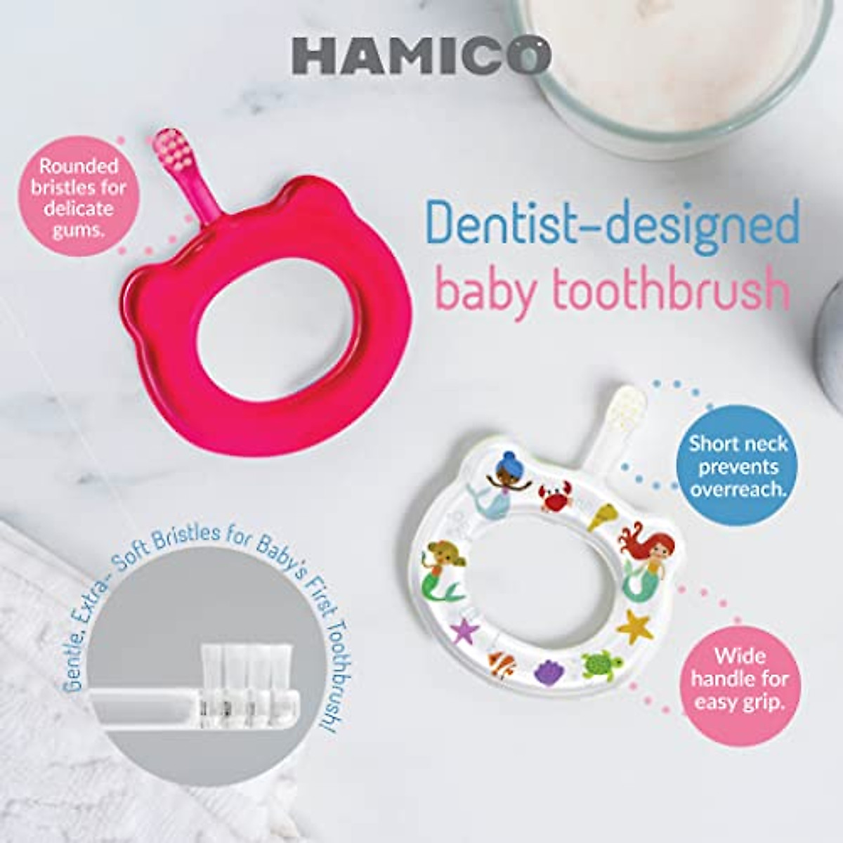 HAMICO Baby Toothbrush Gentle Extra Soft Bristles for Baby’s First Toothbrush | Easy Grasp No Overreach Infant Toothbrush | BPA Free | 2-Pack: Red & Mermaid