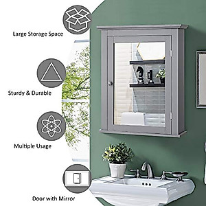 Tangkula Bathroom Cabinet with Mirror, Mirrored Wall-Mounted Storage Medicine Cabinet with Single Door & Adjustable Shelf in 5 Positions, Multipurpose Wall Cabinet for Bathroom Vestibule (Gray)