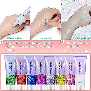 Go Ho White Face Body Glitter Gel,Singer Concerts Face Glitter Makeup,Holographic Long Lasting Chunky Sequins Glitters for Eye Lip Hair Nails,Festival Rave Accessories,006 Fairy White Glitter 52g