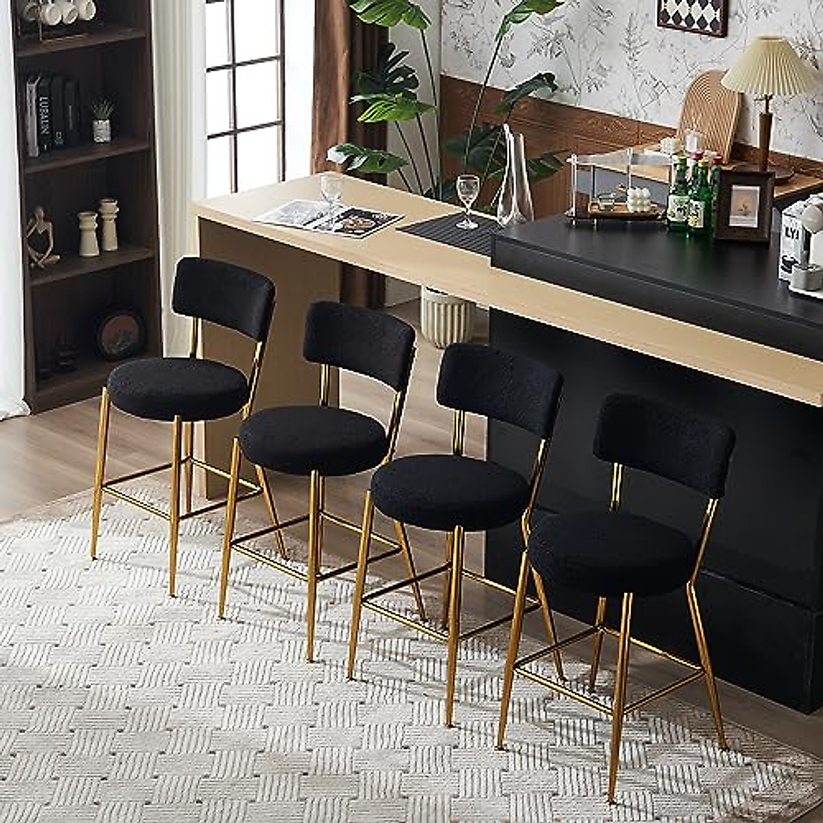 RIGHTPARTS Boucle Bar Stools Set of 2, 24 inch Modern Counter Height Bar Stools, Kitchen Island Stool Dining Chairs Tall Barstools with Backrest Fabric Upholstered Padded Metal Legs (2, Black 01)