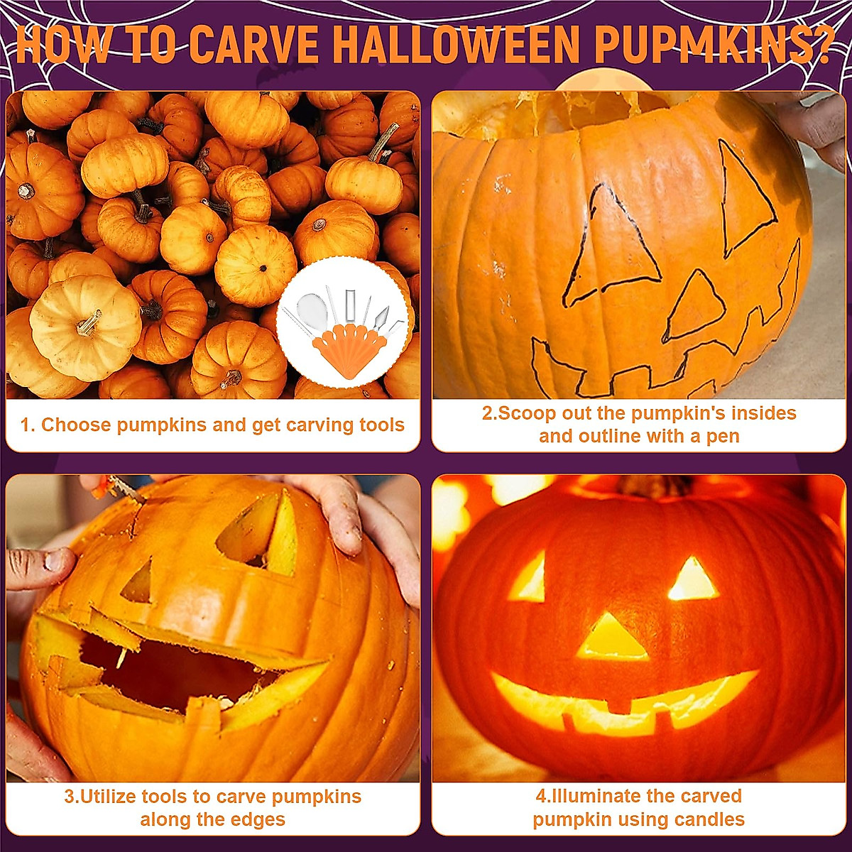 Pedenty 7 Pieces Halloween Pumpkin Carving Kit - Heavy Duty Stainless Steel Carving Tools Set Sculpting Scoop Knives for Halloween Decorations Jack-O-Lanterns