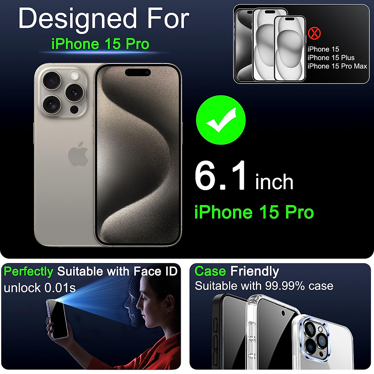 IMBZBK 4 Pack Privacy Screen Protector for iPhone 15 Pro Tempered Glass with 4 Pack Camera Lens Protector, Accessories 9H Anti Spy for Apple 15 Pro, 2.5d curved, Case Friendly, Transparent