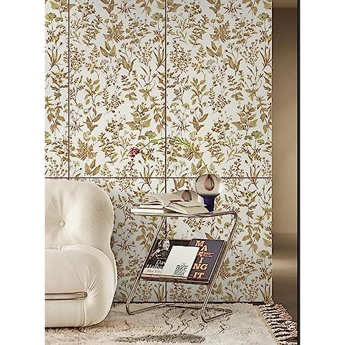 Dimoon 78.7"x17.3" Delicate Smooth White Golden Floral Peel and Stick Wallpaper Flowers Contact Paper Thicken Waterproof Leaf Vintage Self Adhesive Wallpaper Removable Wall Paper Shelf Vinyl Roll