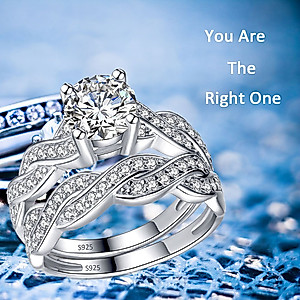 MABELLA 925 Solid Sterling Silver Matching Bridal Set Wedding Engagement Rings Clear Round Cubic Zirconia Eternity Ring for Women Size 9