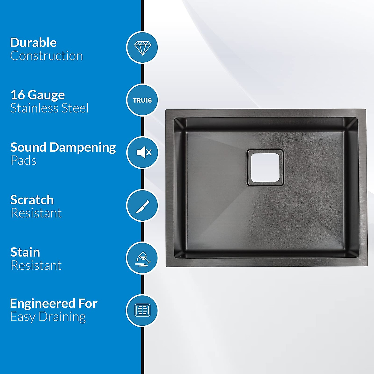 Strictly Sinks 23 Inch Undermount Kitchen Sink – Black Single Bowl 16 Gauge Stainless Steel Bar Prep Kitchen Sink Stain Resistant – With 1 Square Disposal Adapter, 1 Strainer Drain & Bottom Grid