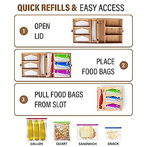 g2cu Bamboo Ziplock Bag Organizer For Kitchen Drawer Includes Set of 16 Food Bags-Wall Mounted Baggie Organizer with Lock-Plastic Bag Holder Dispenser Compatible With Gallon, Sandwich, Snack & Quart