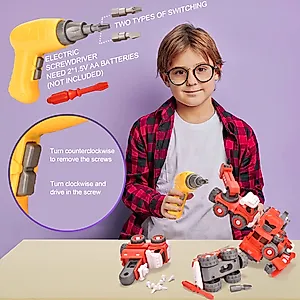 Doahurry Fire Truck Toy Take Apart Robot Transformers Toys 5 in 1 Construction Vehicle Comes with a Electric Drill, Assembly Robot Building Toy Crane Toy Kids Ages 4-12 Birthday (Red)