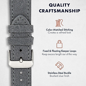 Benchmark Suede 20mm Leather Watch Band – 20mm Quick Release Watch Band with Stainless-Steel Buckle & 9 Adjustable Holes – Grey Leather Watch Bands for Men & Women (20mm, Grey)