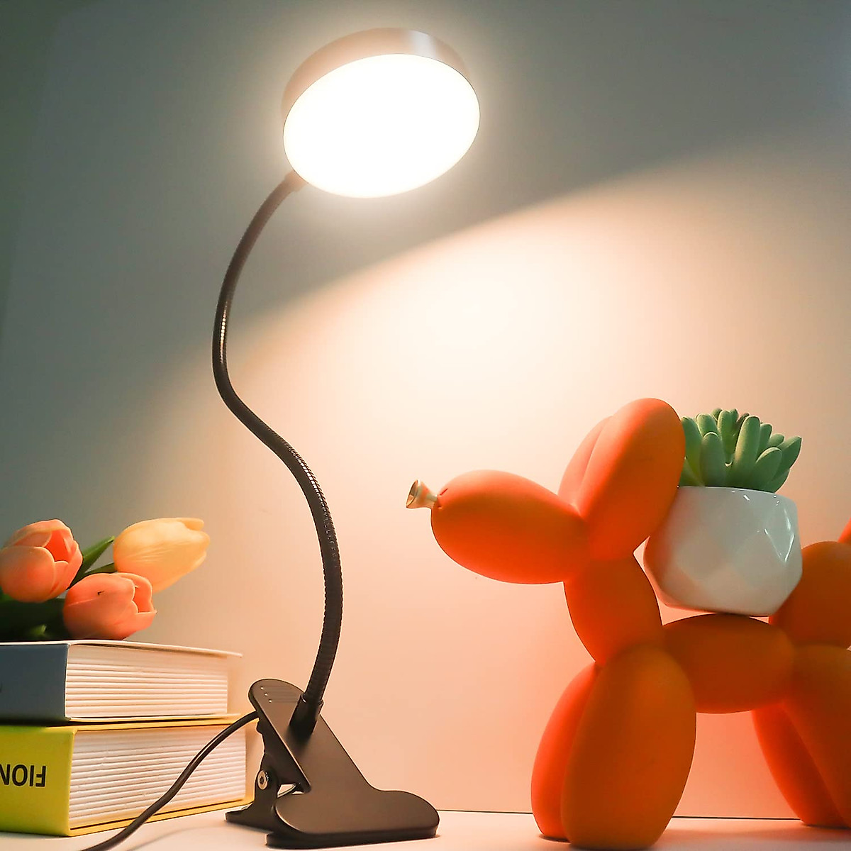 AVEVA Clip on Desk Lamp,96 CRI Eye Protection Book Light,Small Desk Lamp for Dorm,3 Color Modes,Dimmable LED Table Lamp,Black Metal Body 360° Gooseneck Reading Light (Non-Rechargeable )