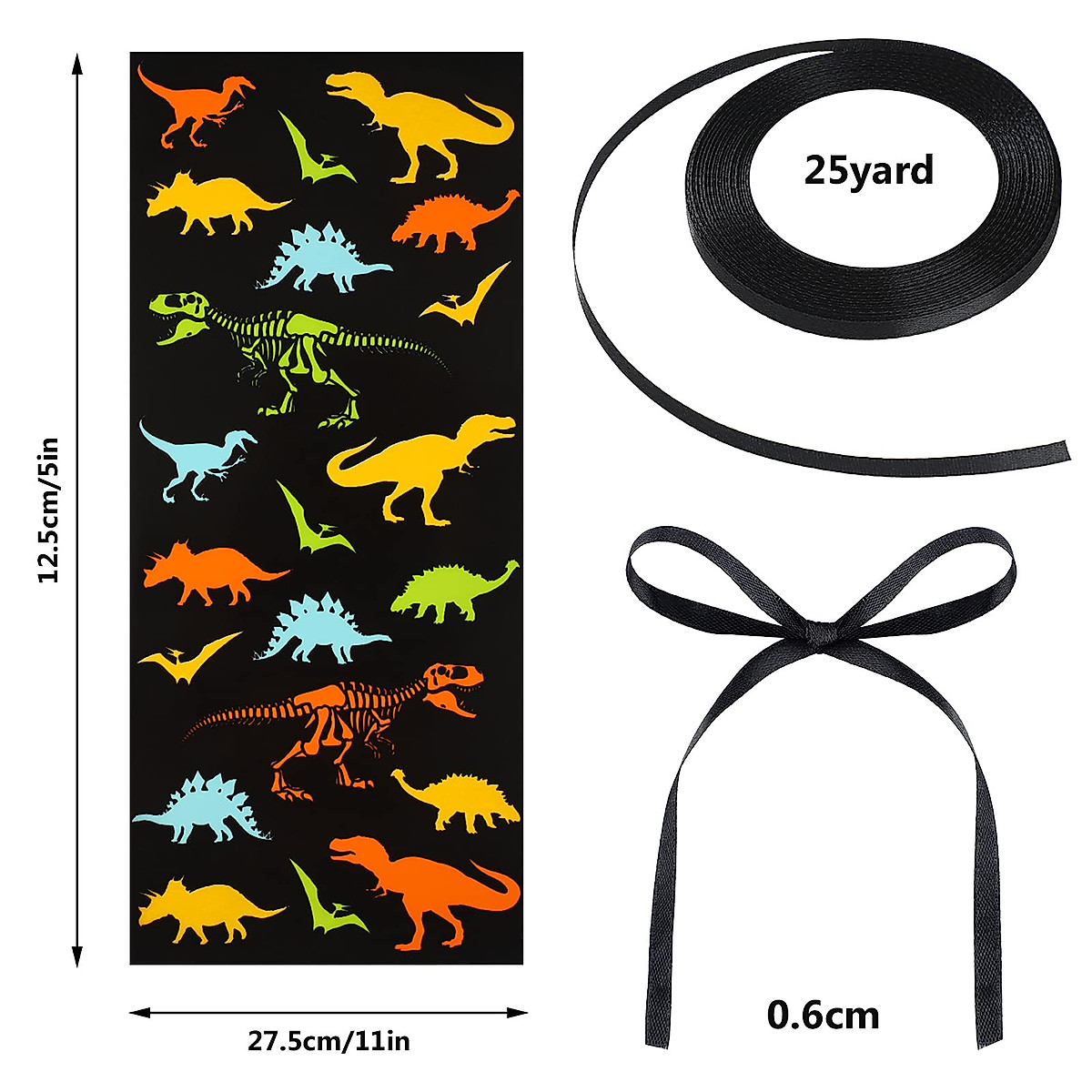 Outus 100 Pieces Dinosaur Cellophane Bags Clear Dinosaur Skeleton Bags Party Favors Bags with A Roll of Ribbon for Chocolate Candy Snacks Cookies Dinosaur Themed Party Supplies (Multi Colors)