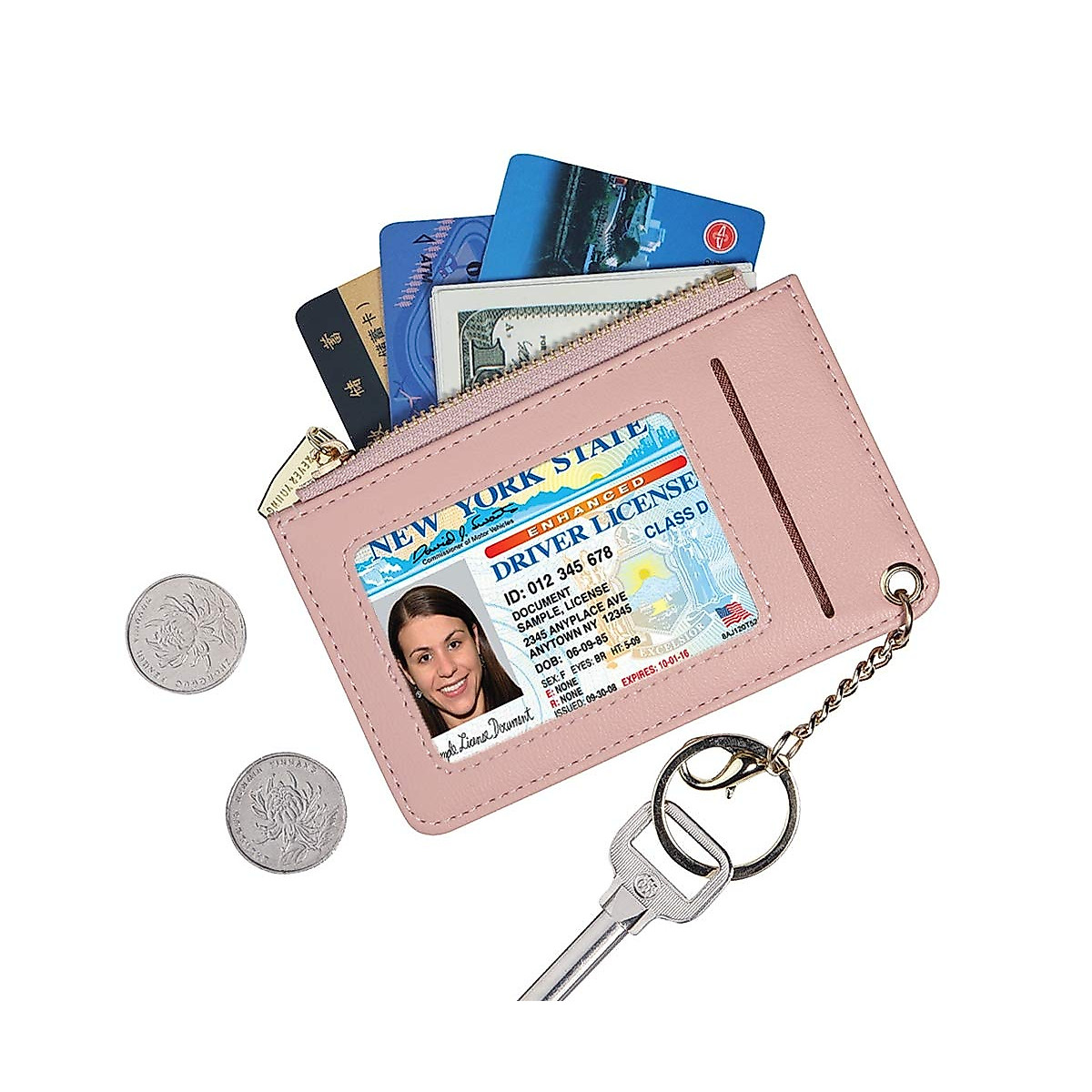 Small Wallets for Women Slim Leather Card Case Holder Wallet Coin Change Purse with Keychain (Light pink)