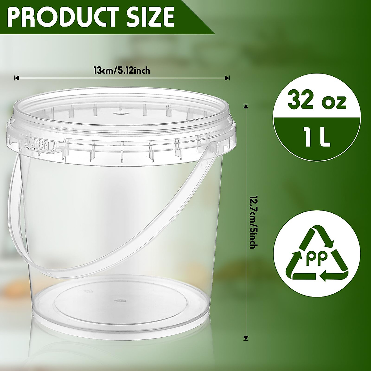 Mifoci 50 Pcs 32oz Food Clear Bucket Plastic Gallon Bucket Round Reusable Ice Cream Containers with Lids and Handles Airtight Clear Plastic Tub Freezer Reusable Pail for Kitchen Drinks Home(32oz)