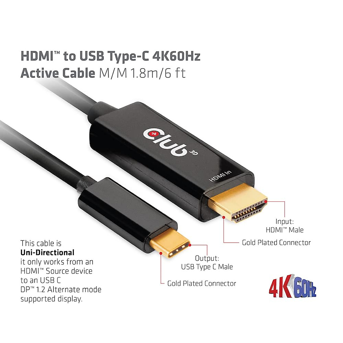 Club 3D CAC-1334 HDMI 2.0 to USB Type C 4K60Hz M/M Active Cable 1.8m-6ft