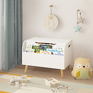 Wooden Toy Box, Kids Toy Storage Organizer with Front Bookshelf, Flip-Top Lid, Safety Hinge, Boys Girls Toy Chest Bench for Playroom Kids Room Organization (White)
