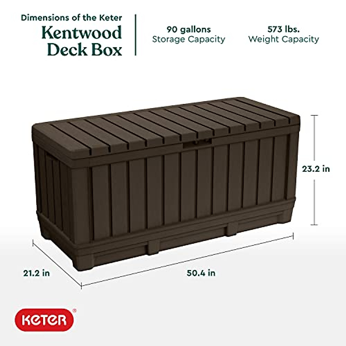 Keter Kentwood 90 Gallon Resin Deck Box-Organization and Storage for Patio Furniture Outdoor Cushions, Throw Pillows, Garden Tools and Pool Toys, Brown