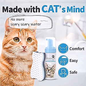 Mooncat Waterless Cat Shampoo+Cat Brush, Licking Safe Dry Shampoo for Cats, No Rinse Foam Cat Bath, Grooming for Cat, Kitten Sensitive Skin, Dander Reducing, Paraben Free, pH Balanced (5 oz)