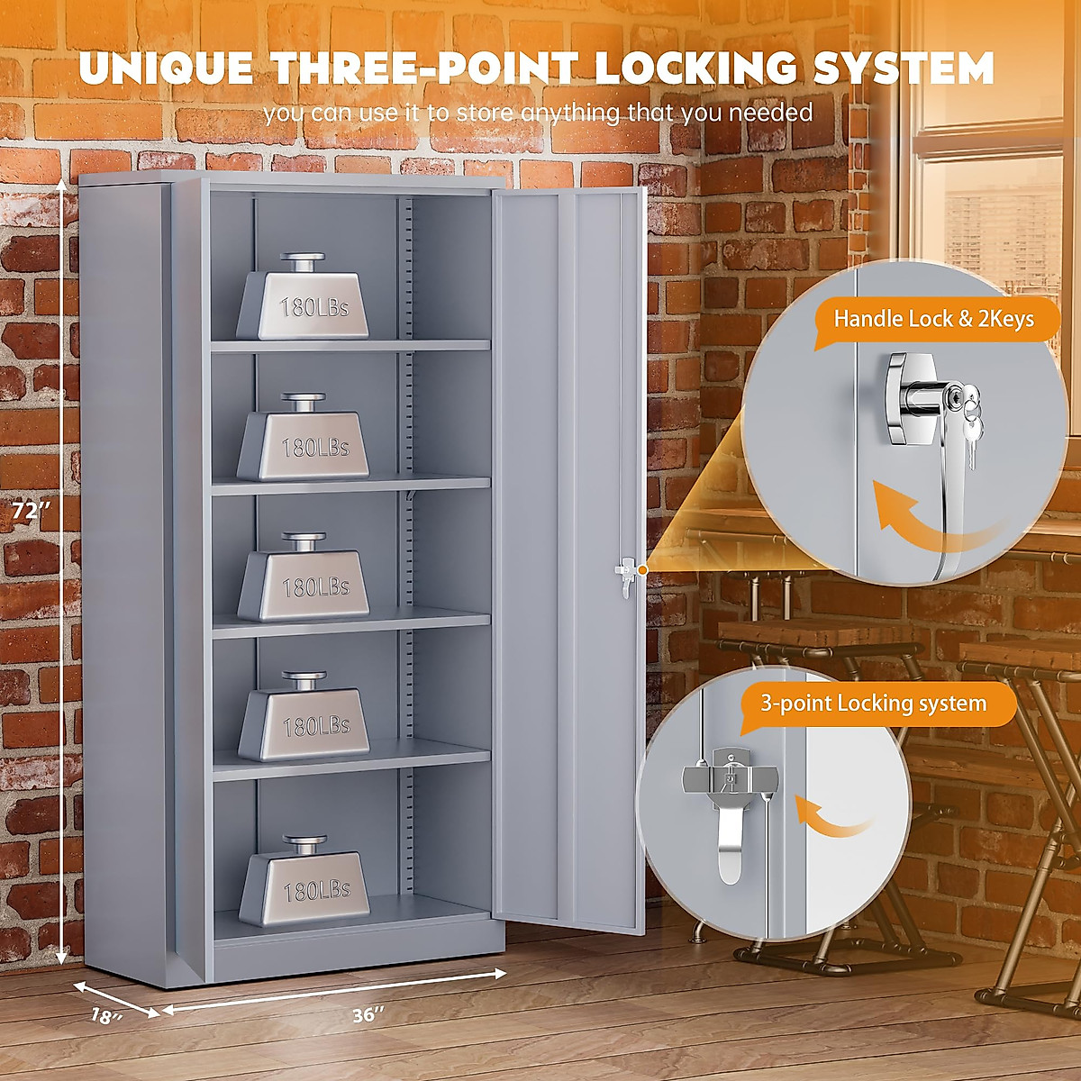 Greenvelly Metal Storage Cabinet, 72" Locking Tool Steel Garage Cabinet with Doors and Adjustable Shelves, Utility Metal Filing Cabinet with Lock for Home Office, Garage, School, Kitchen Dark Gray