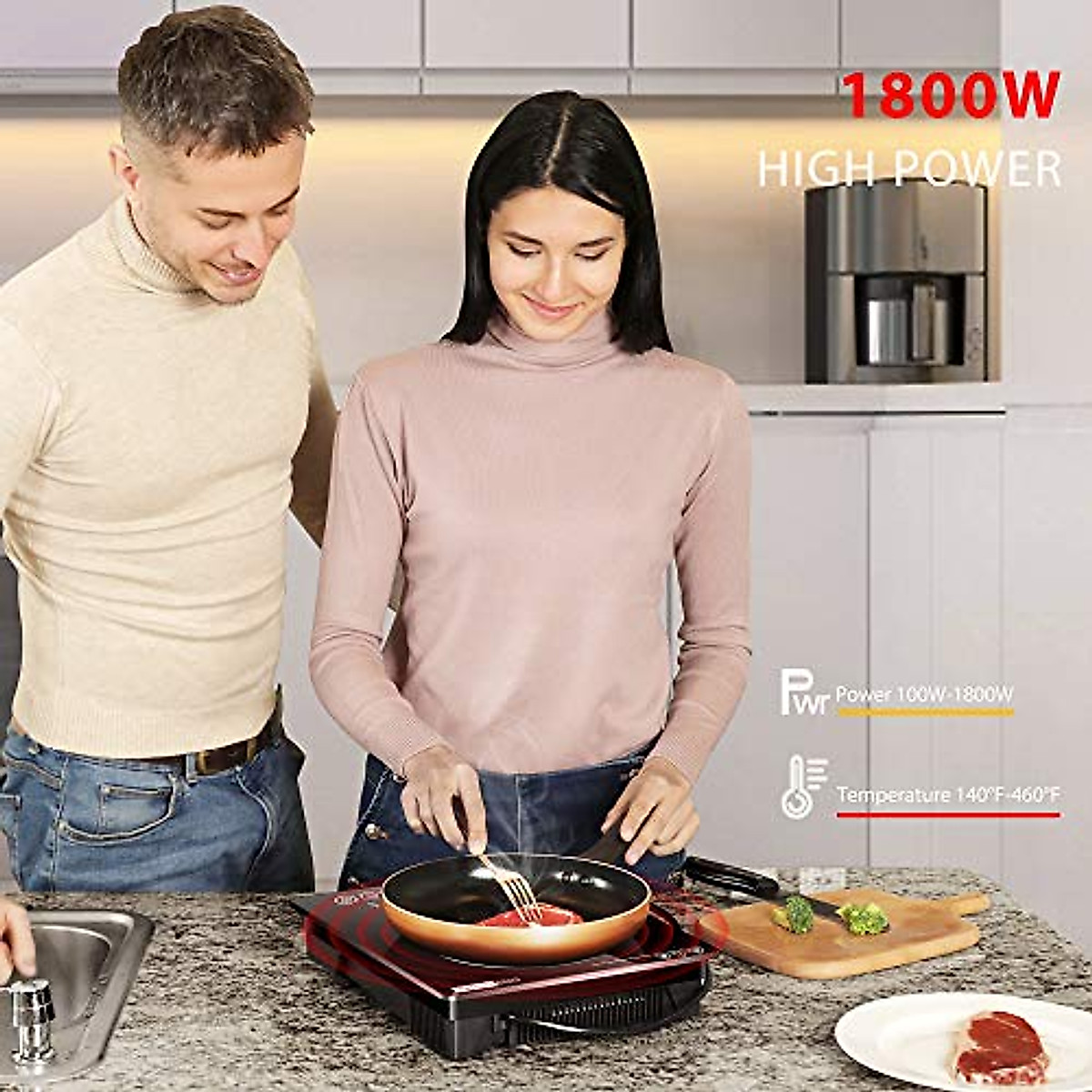 VIVOHOME 120V 1800W Electric Portable Induction Cooktop with 8 Preset Buttons, Sensor Touch Countertop Burner with 180-Min Countdown Timer and 0-24H Timing Start, 140-460℉ Temperature Adjustable