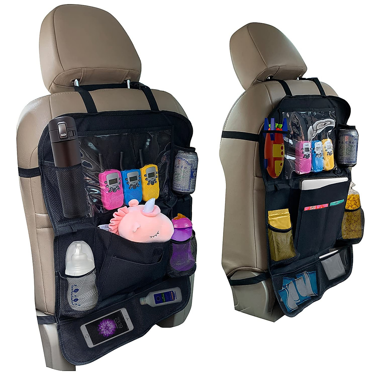 Backseat Car Organizer 1 Pack by Elitebest – 1Car Seat Organizer and Kick Mats for Road Trips – Car Backseat Organizer for Kids with USB Headphone Slits and Storage Pockets for Organization