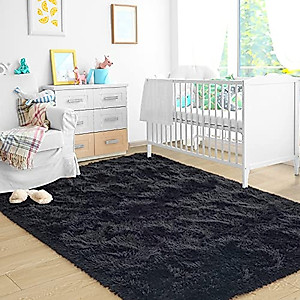 Ultra Soft Black Rugs for Bedroom 4x6 Feet, Fluffy Shag Area Rugs for Living Room, Large Comfy Furry Rug for Boys Kids Baby Room Decor, Non Slip Nursery Rug Modern Indoor Fuzzy Floor Carpet