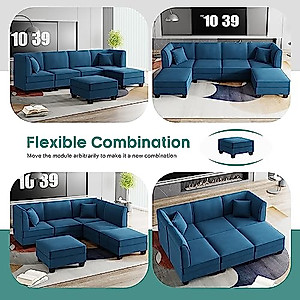 Shintenchi Reversible Modular Sectional Sofa Couch,116" Velvet U-Shaped Sectional Couch Sofa with Ottomans, 6 Pieces Modular Large Sectional Sofa Set for Living Room,Blue