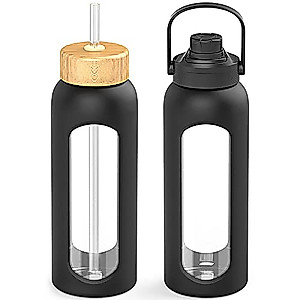 Kodrine Glass Water Bottles with Straw, 32 oz Water Bottle with 2 Lids - Handle Spout Lid & Bamboo Straw Lid, Motivational Water Bottle with Silicone Sleeve, Wide Mouth, Leakproof, BPA Free(Black)