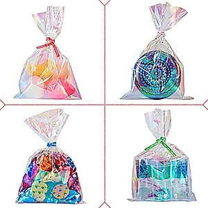 HRX Package 100pcs Small Iridescent Cellophane Treat Bags with Ties, 4x6 inch Holographic Plastic Goody Bags for Candy, Cake Pops, Favors