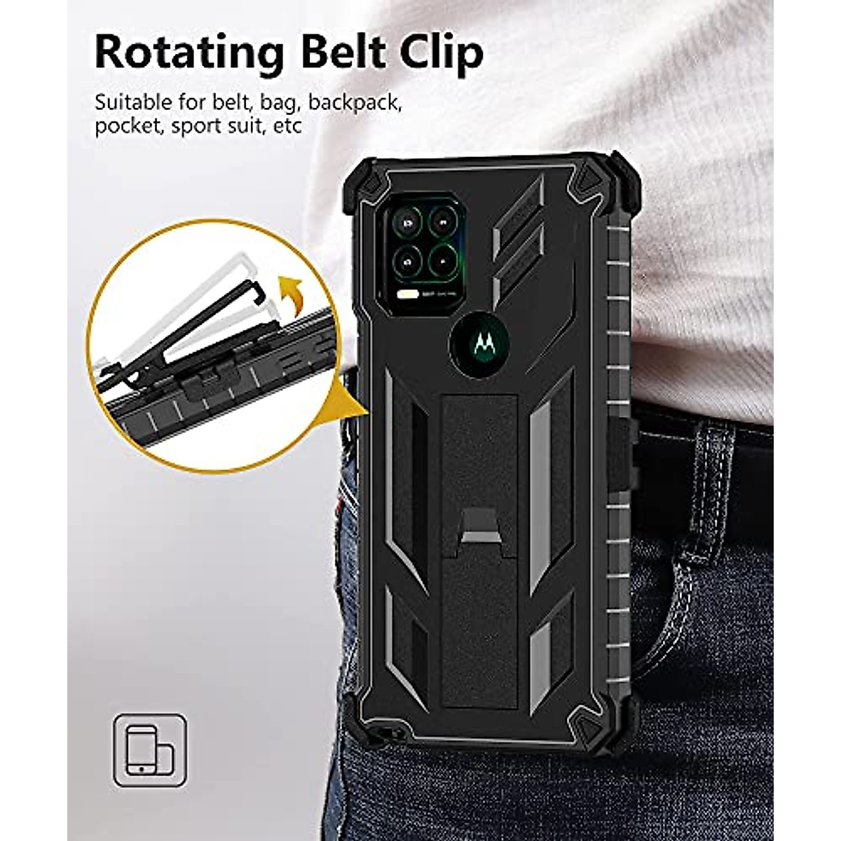 for Motorola Moto G Stylus 5G (2021) Case: Built-in Screen Protector Kickstand Full-Body Military Grade Three-Layer Protective Shockproof Rugged Phone Cover with Belt Clip Holster Black