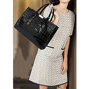 GJGJTER Top-handle Handbags Purse Women Crocodile Pattern Satchel Pu Leather Shoulder Bag Tote-Black