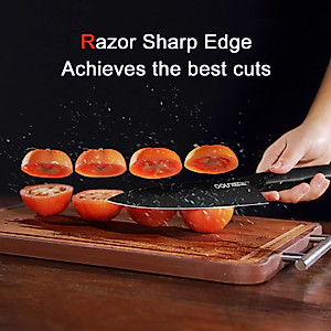 OOU Kitchen Knife Block Set - 15 Pieces High Carbon Stainless Steel Chef Knife Sets, Anti-Rust Black Knives Set with Built-in Sharpener Block, Walnut