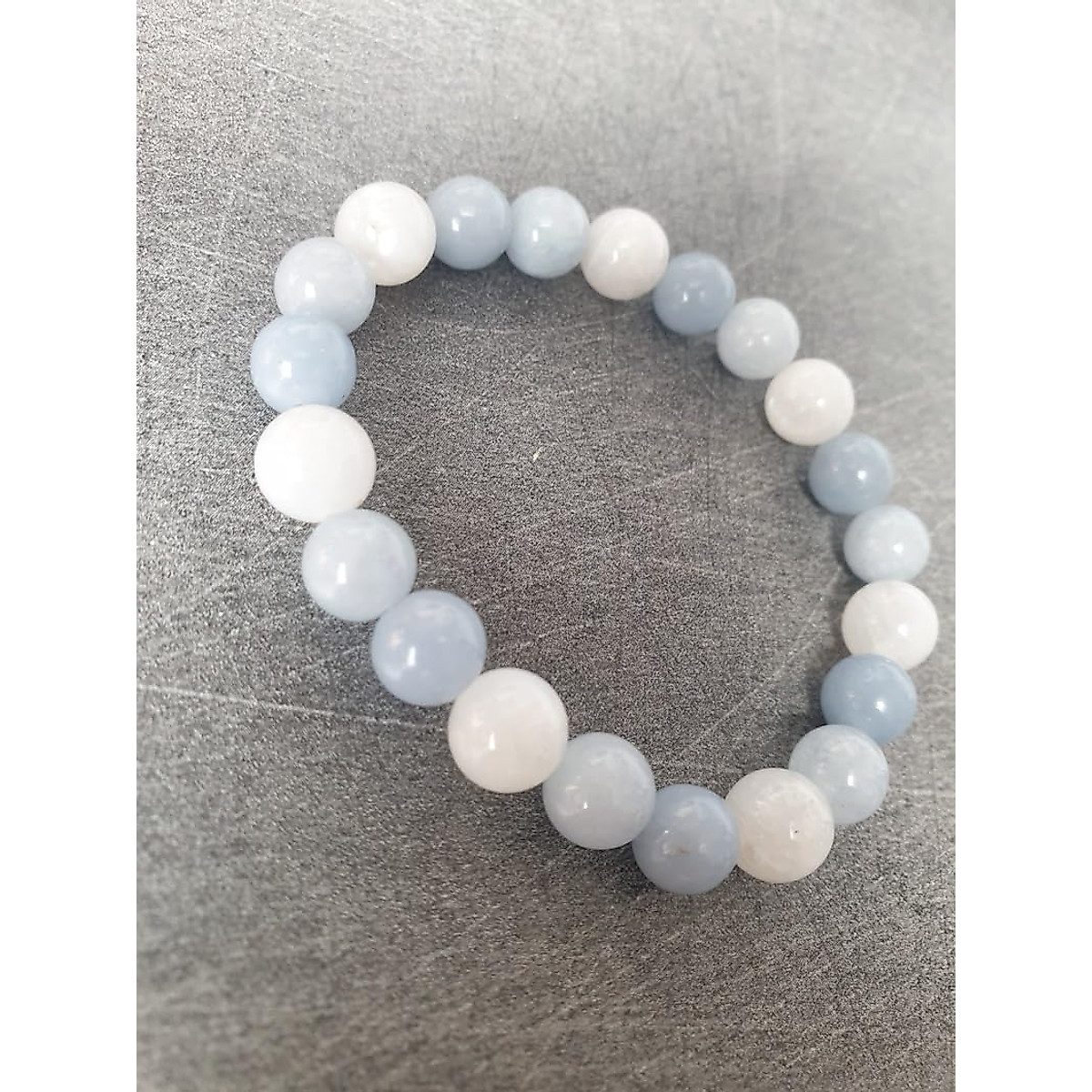 LKBEADS Natural Angelite, Aquamarine & Moonstone 10mm rondelle smooth 7inch Semi-Precious Gemstones Beaded Bracelets for Men Women Healing Crystal Stretch Beaded Bracelet Unisex