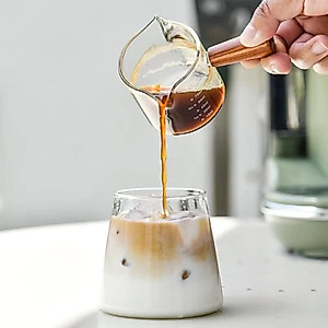 DEESUNG 2 Pack - Espresso Shot Glasses, Double Spouts, High Borosilicate Glass Material with Wood Handle, 2 OZ (75 ml) Capacity, Multiple Functions, Coffee Cup, Honey jar, Salad jar