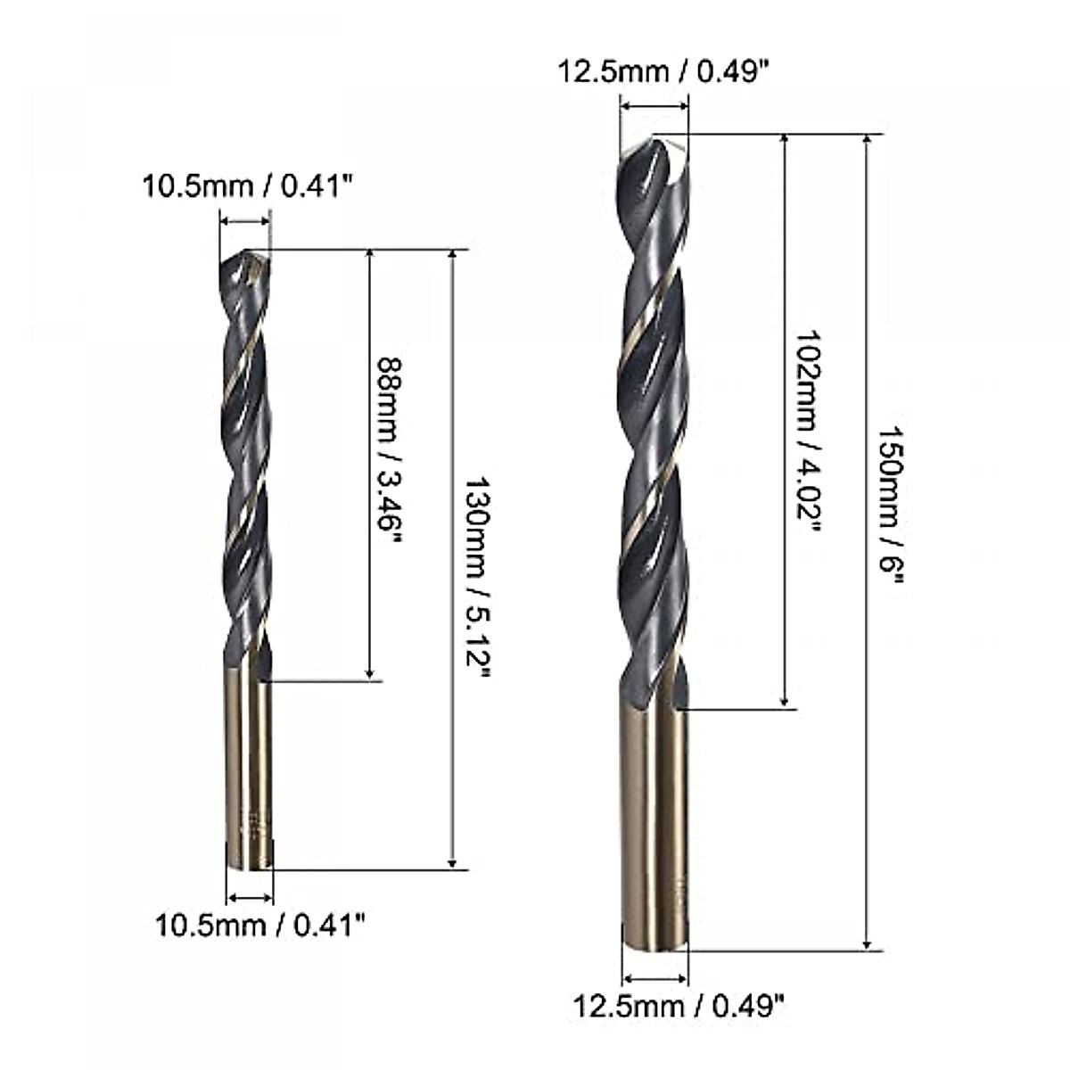uxcell Drill Bits Set 10.5mm 12.5mm, Titanium Nitride Coated High Speed Steel 4341 Straight Round Shank Drilling Cutter for Stainless Steel Alloy Copper, 3pcs